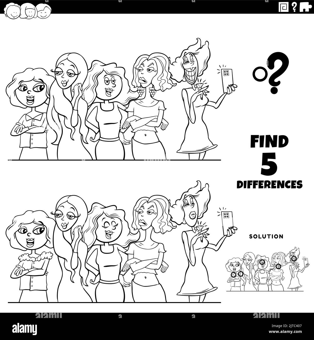 Black and white cartoon illustration of finding the differences between ...