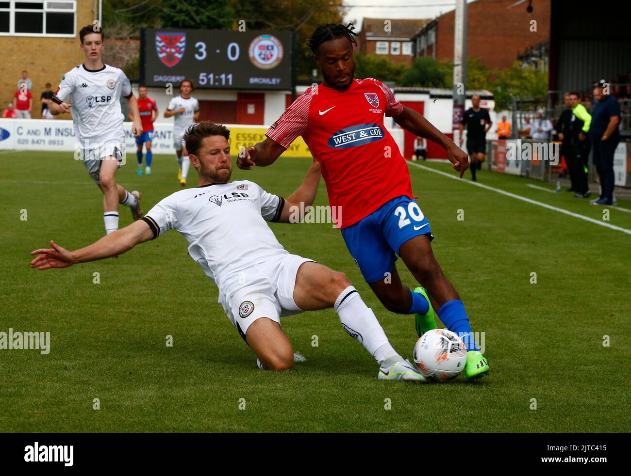 DAGENHAM ENGLAND - AUGUST 29 : Callum Reynolds of Bromley tackles ...
