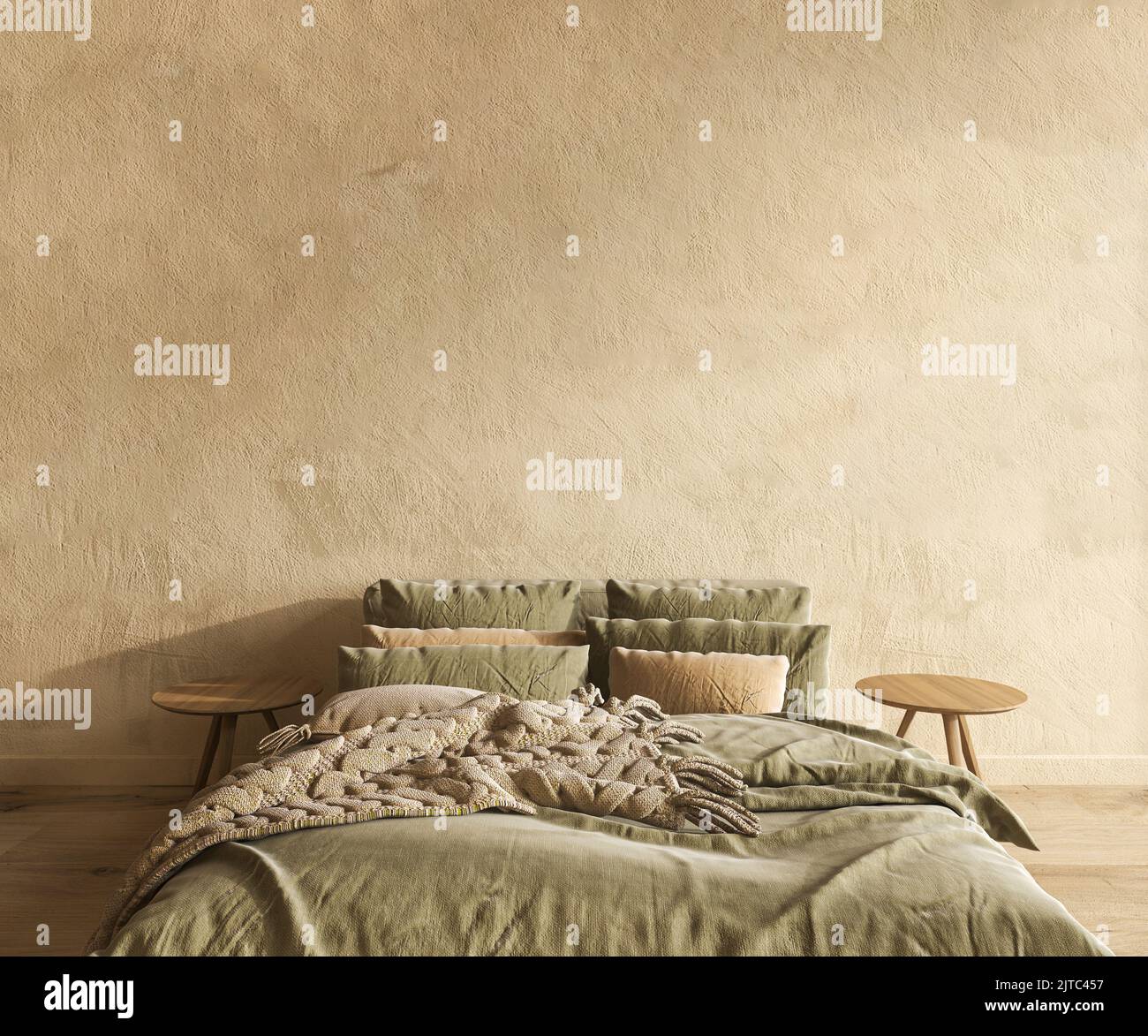 Ethnic style bedroom interior background. Bed with wooden bedside ...