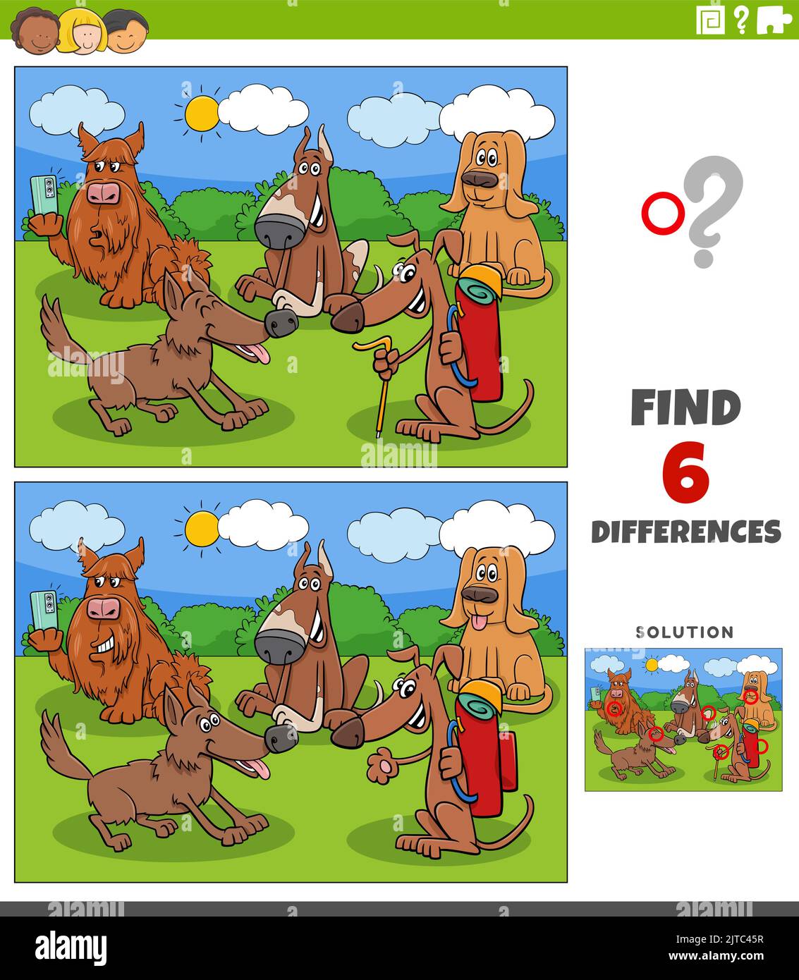 Cartoon illustration of finding the differences between pictures educational game with comic ...
