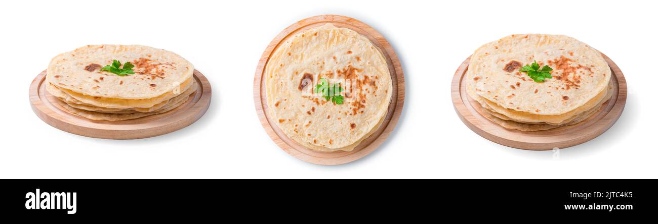 A set of chapati cakes in different angles isolated on a white ...