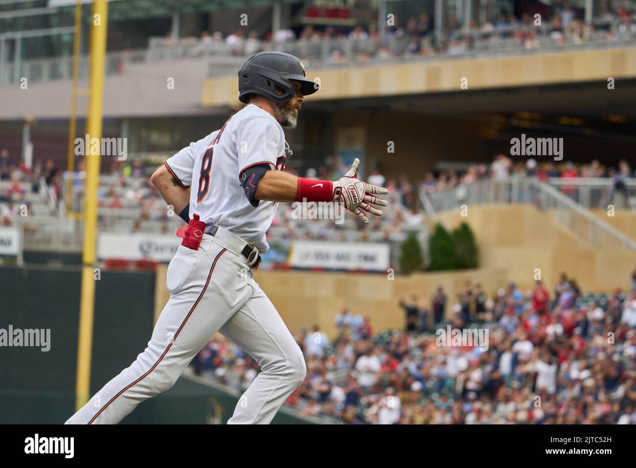 August 28 2022: Minnesota left fielder Jake Cave (8) hits a homer ...