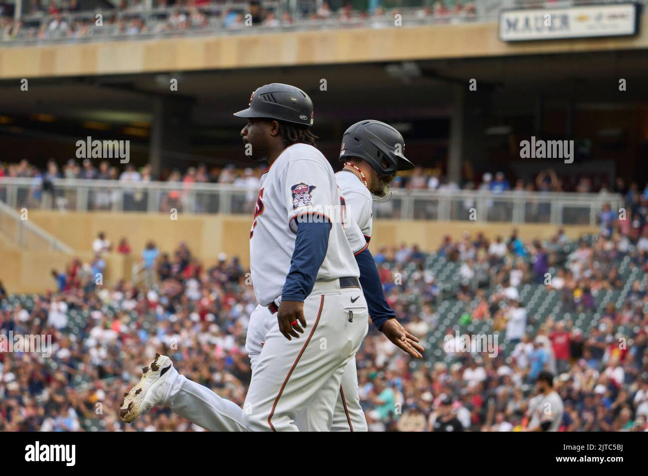 August 28 2022: Minnesota left fielder Jake Cave (8) hits a homer ...