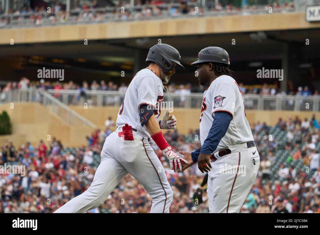 August 28 2022: Minnesota left fielder Jake Cave (8) hits a homer ...