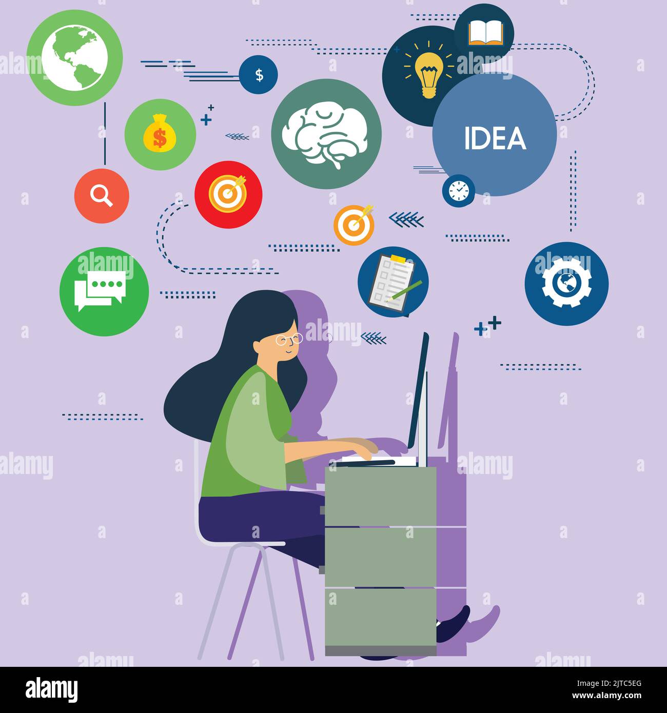 A female cartoon character in front of a computer thinking about new ...