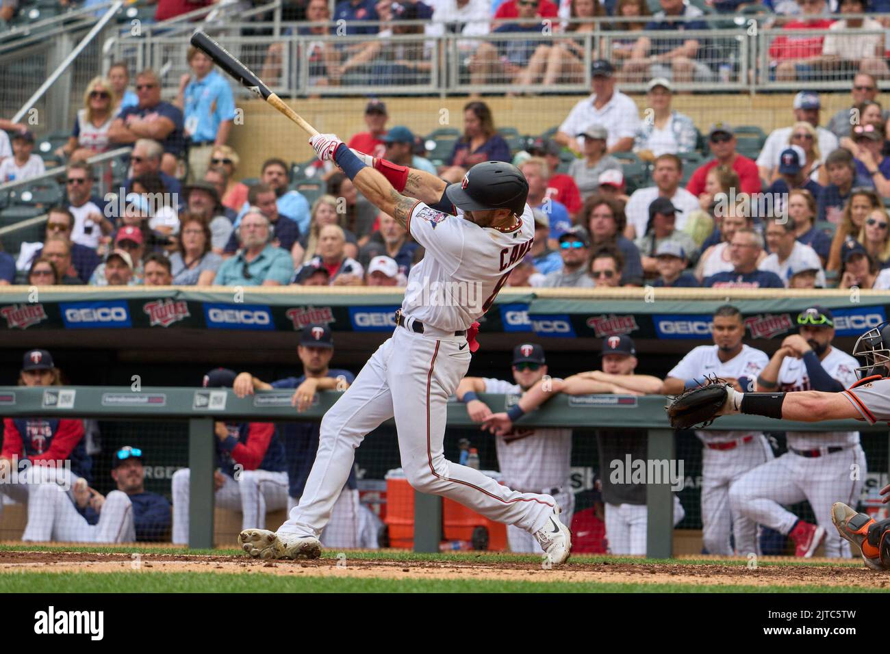 August 28 2022: Minnesota left fielder Jake Cave (8) hits a homer ...