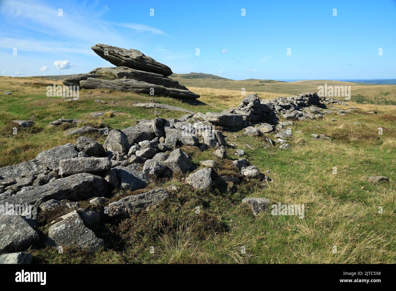 Irishman;s wall and the Logan stone on Belstone tor, Dartmoor, Devon ...