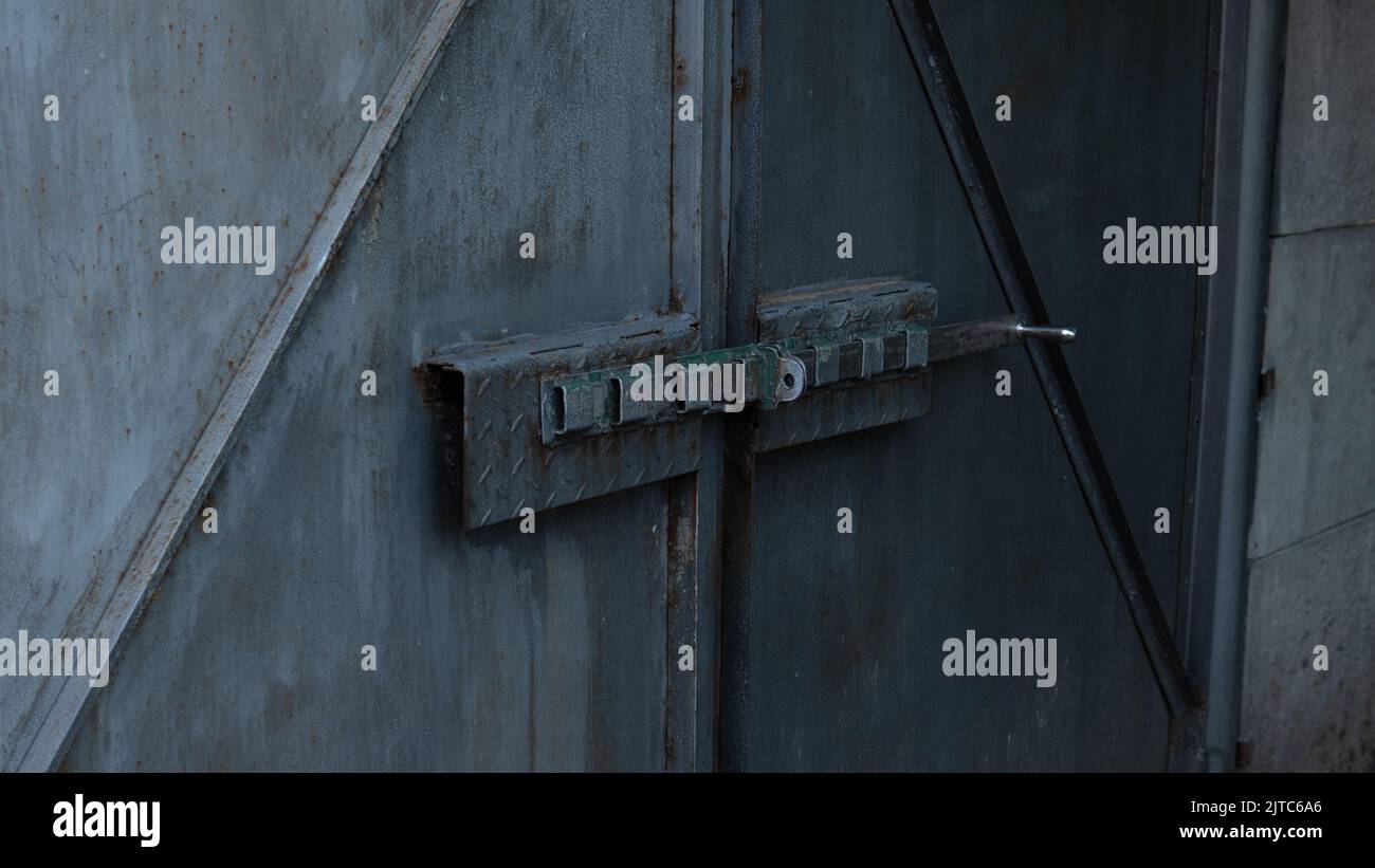 Side view of the deadbolt of an old gray metal gate. The bolt is closed ...