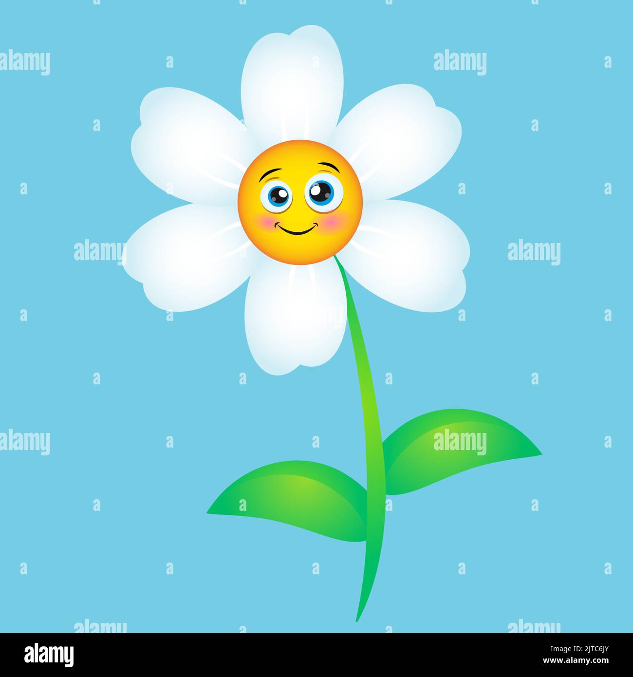 Cute chamomile character natural plant with green stem. Vector Cartoon ...
