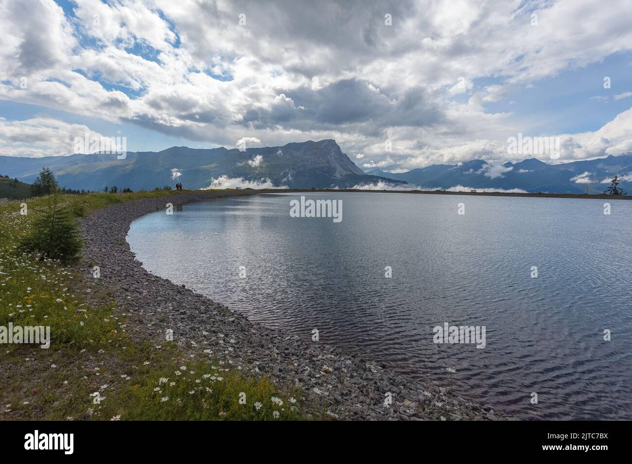 Small alpine lake with peaks of Swiss Italian border Stock Photo - Alamy