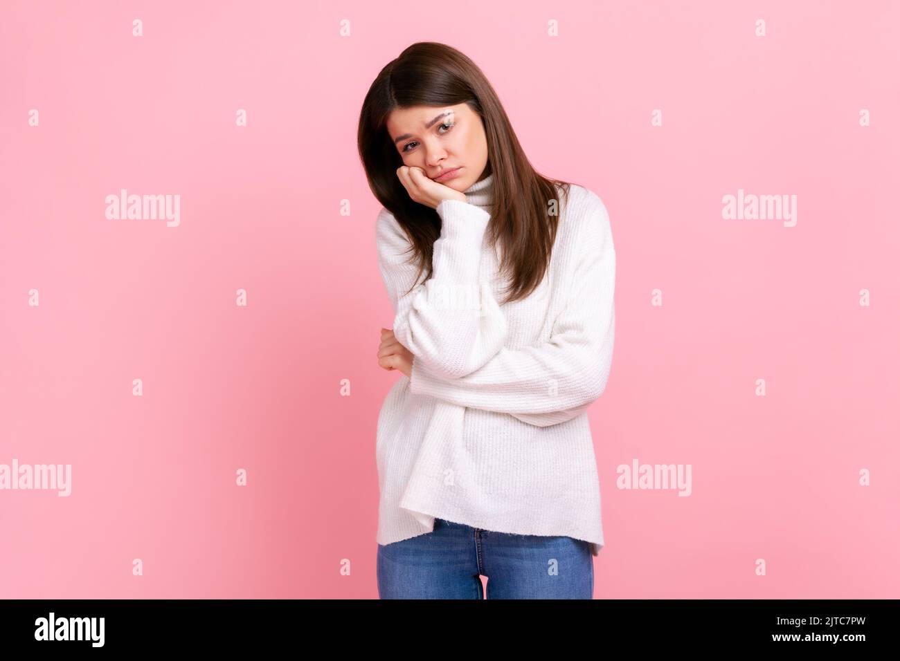 Bored girl look at camera with an incredulous, disappointed emotions on ...