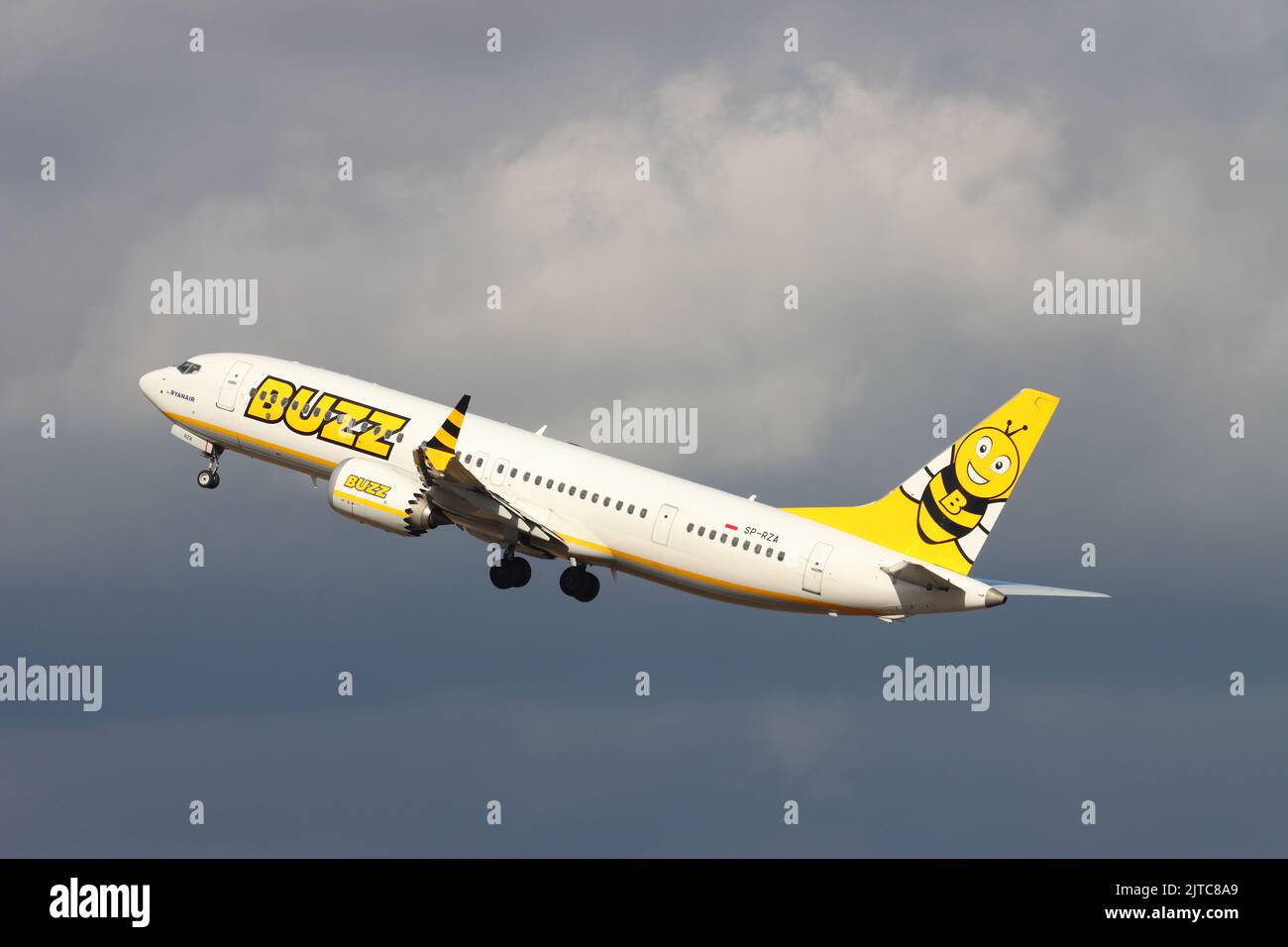 Buzz Air, Boeing 737 SP-RZA, departing London Stansted Airport, Essex ...