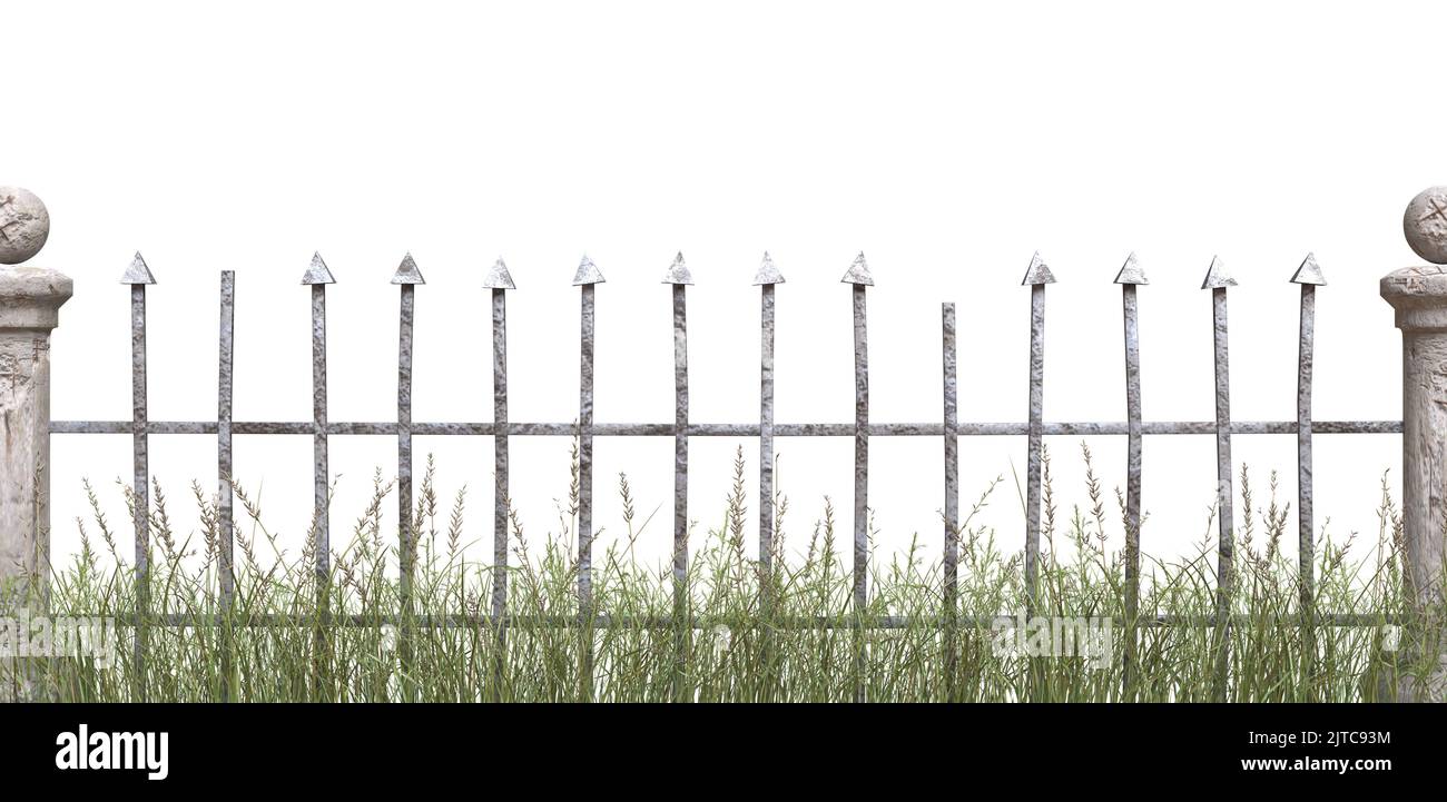 Decrepit old spooky fence with grass, isolated on white. Fence of ...