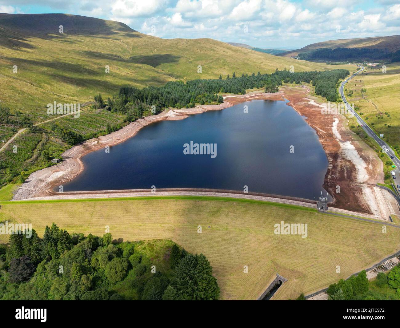 Brecon Beacons, wales - August 2022: Aerial view of the dam and low ...
