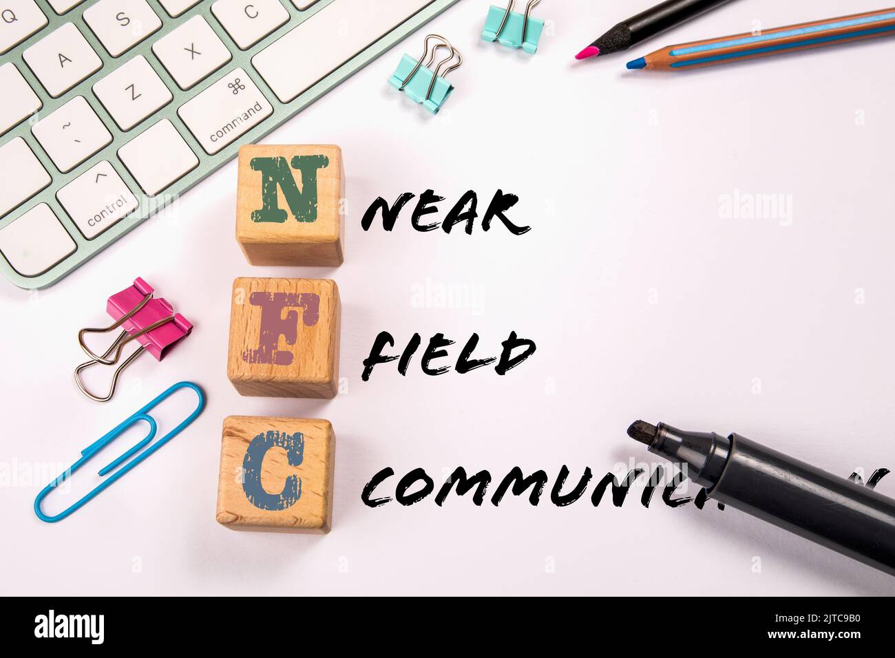 NFC - Near Field Communication. Computer keyboard on a white background ...