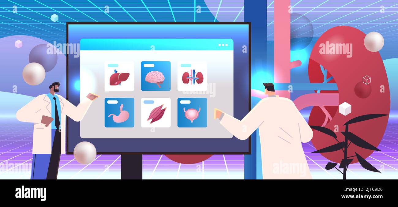 scientists examining anatomical human body internal organs on monitor ...