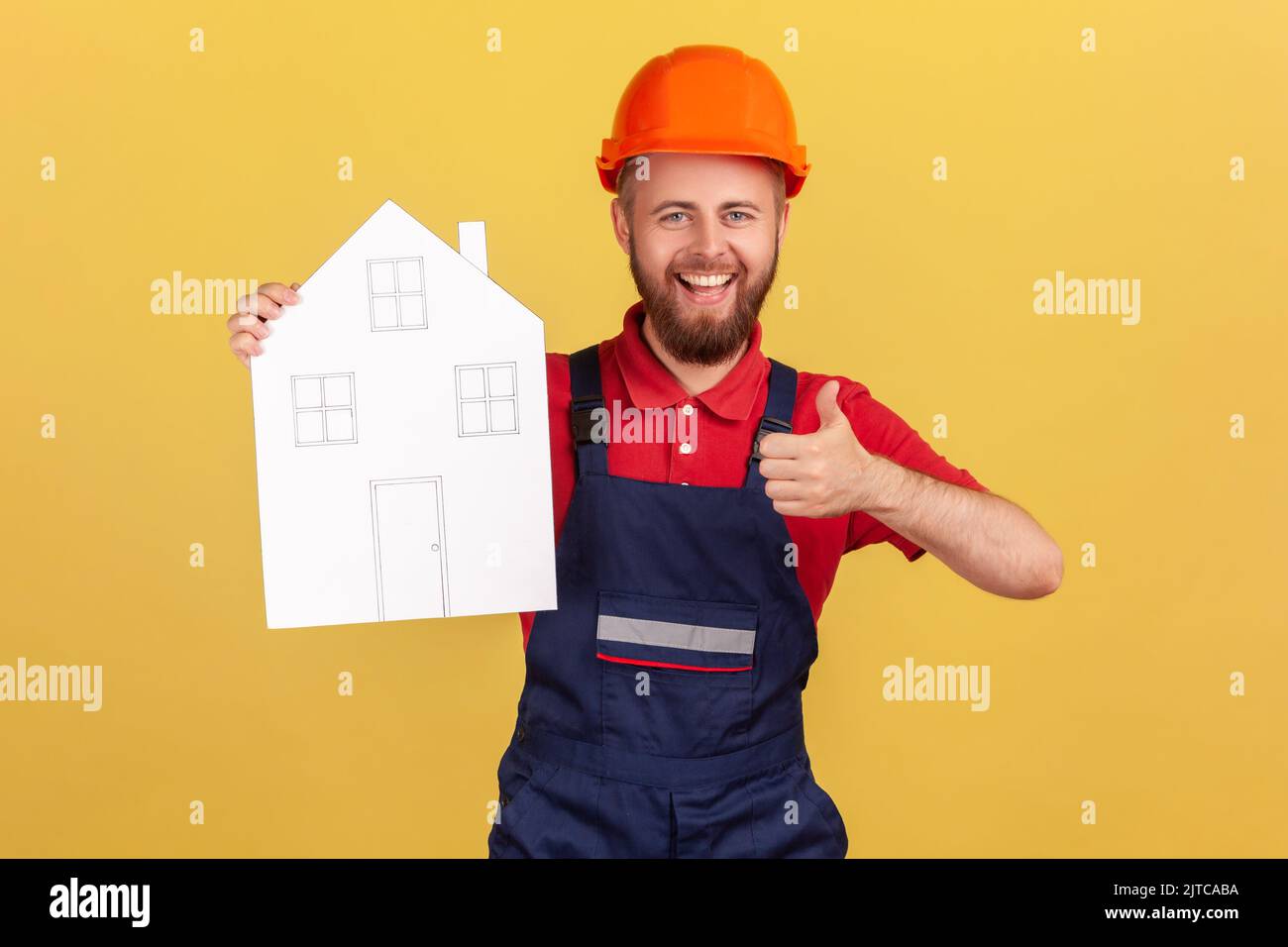 Portrait of builder man holding paper house, offering help in ...