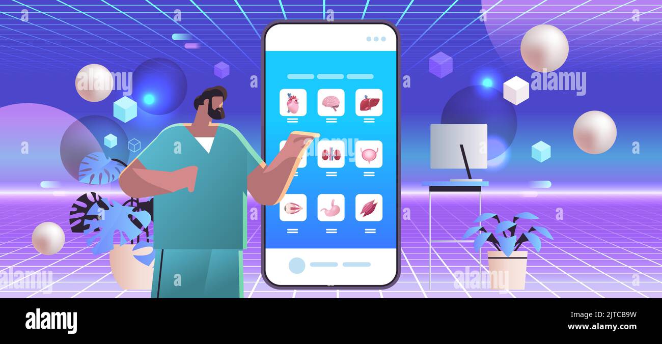 scientist examining anatomical human body internal organs on smartphone ...