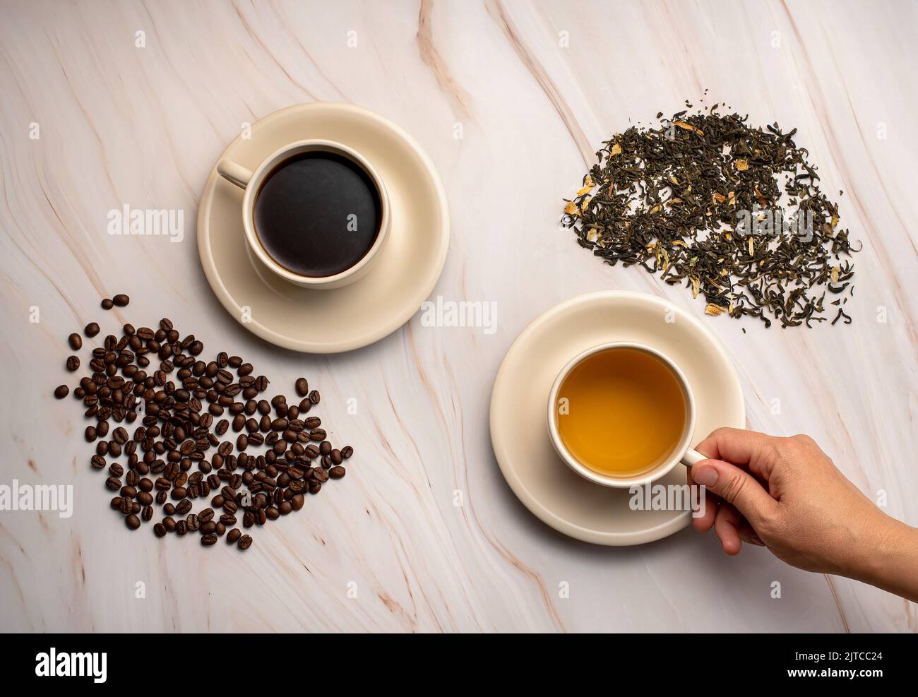 Food photography of green tea, coffee, beans, choice, hand Stock Photo ...