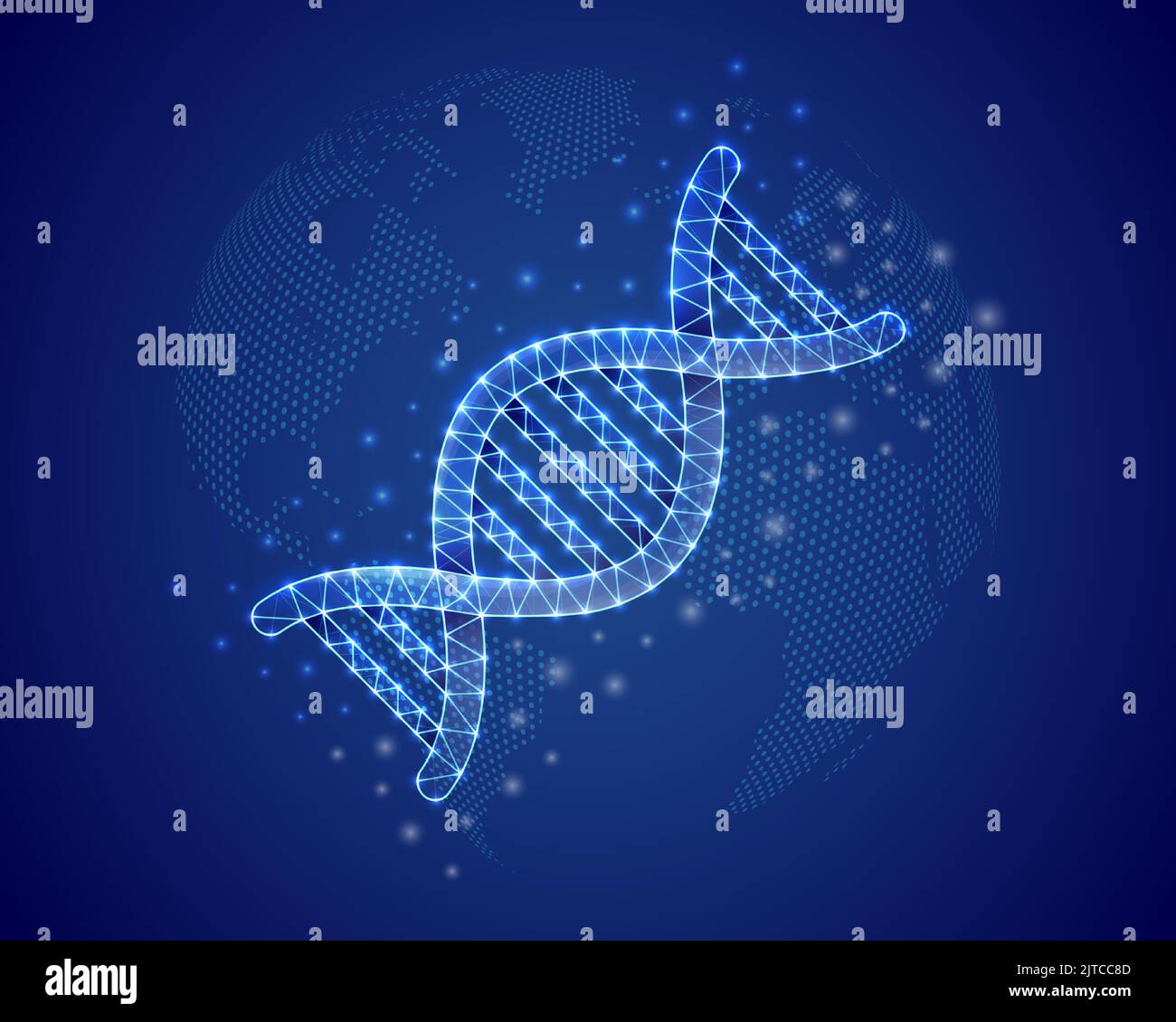DNA spiral 3d low poly symbol with blue world map background. Science concept design ...