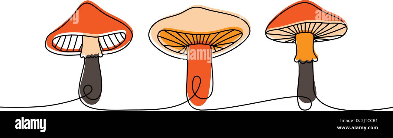 Set of Mushroom one line colored continuous drawing. Mushroom ...