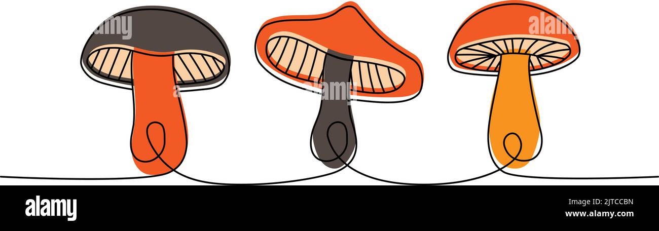 Set of Mushroom one line colored continuous drawing. Mushroom ...
