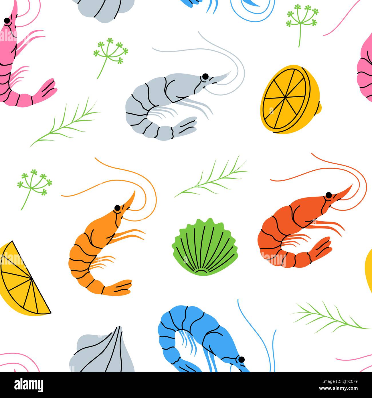 Shrimp with herbs seamless pattern. Colored shrimp prawn background ...