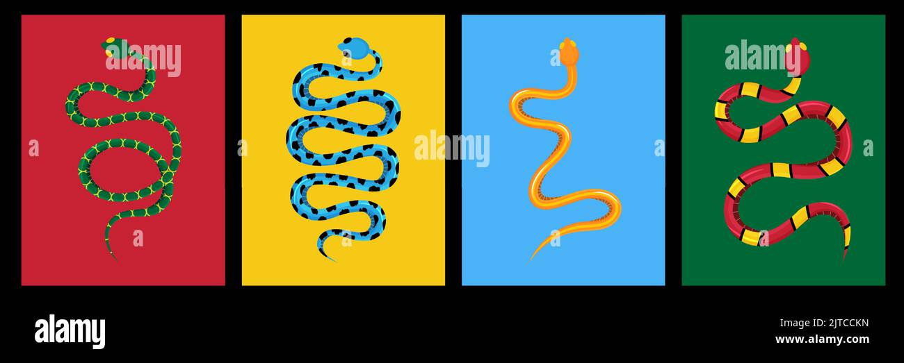 Set of various snakes silhouette. Different posters with exotic snakes ...