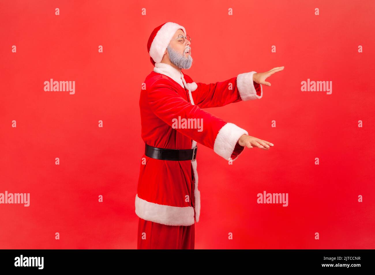 Side view of blind disoriented elderly man with gray beard wearing ...