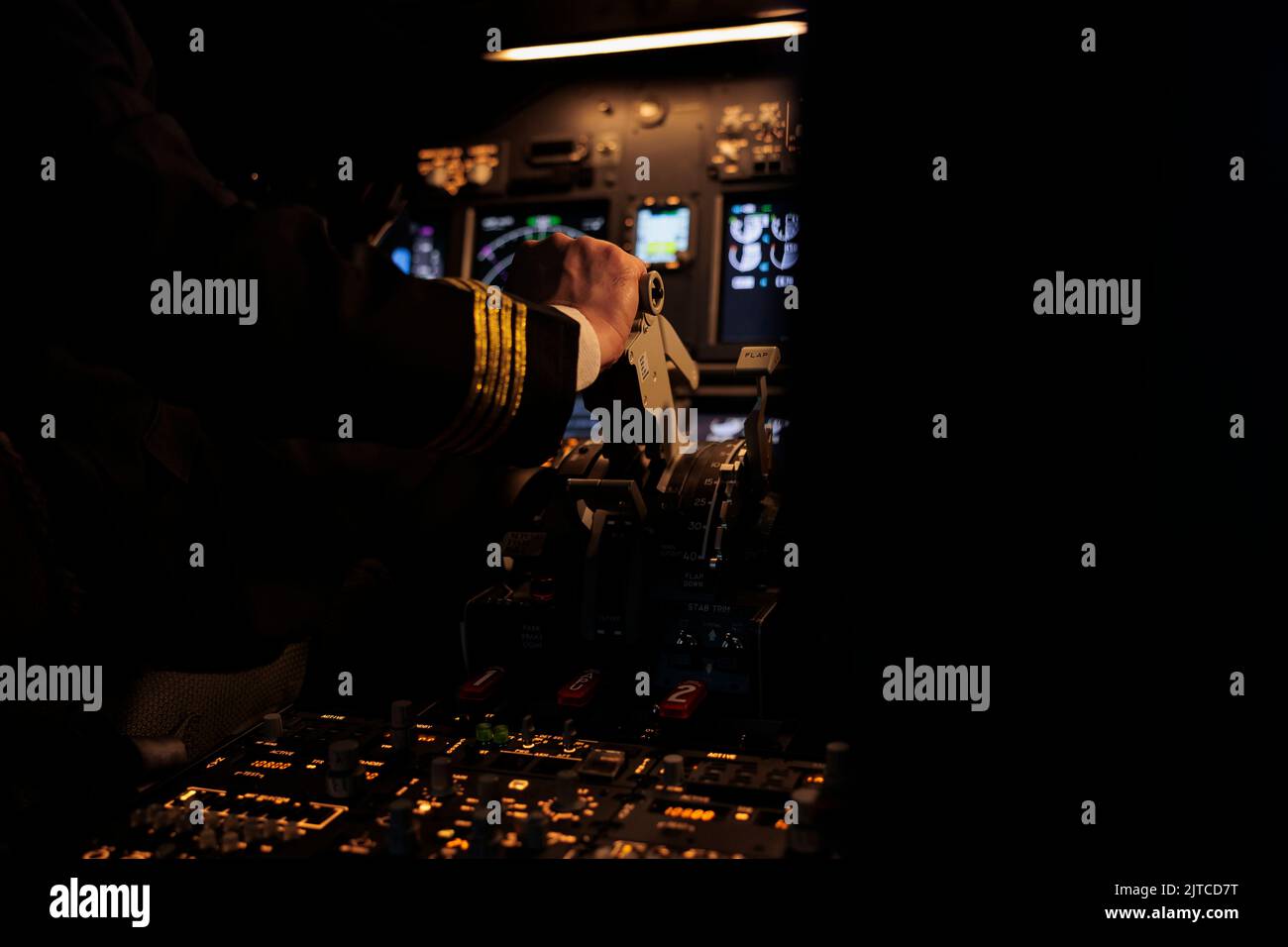 Male captain throttling engine to takeoff with aircraft jet, flying ...