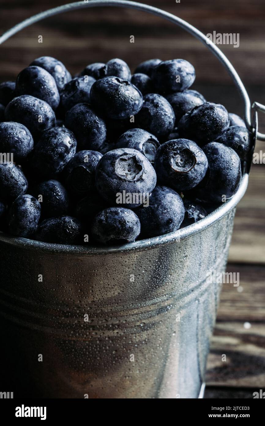 Blueberries in metal bucket dark background Stock Photo - Alamy