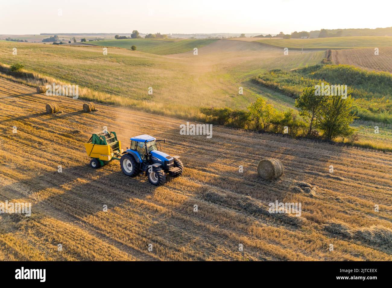 Blue tractor making hay stacks driving through golden field surrounded ...