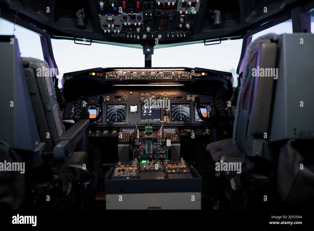 Nobody in airplane cabin with dashboard command and control panel, used ...