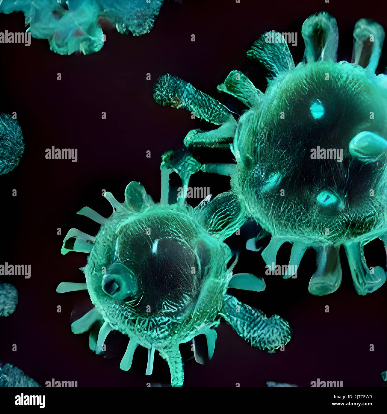 Microscopic view of floating influenza virus cells. Dangerous illness ...