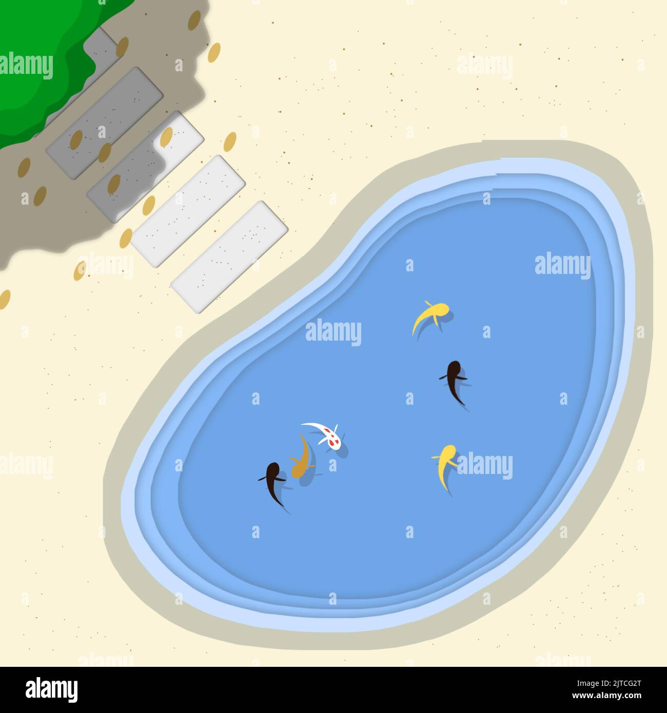 An illustration cartoon design of aerial shot of fish in the lake with ...