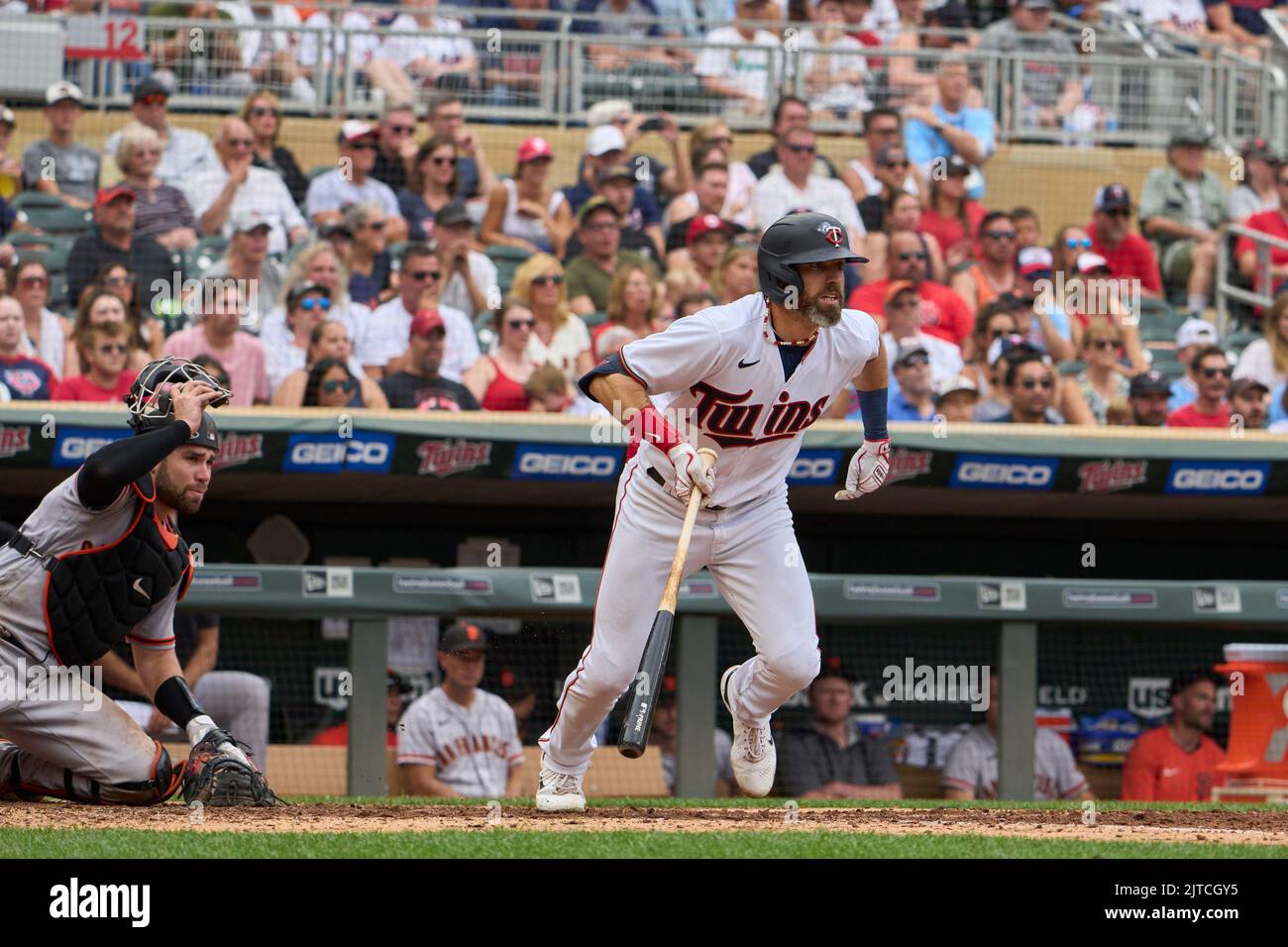 August 28 2022: Minnesota left fielder Jake Cave (8) gets a hit during ...