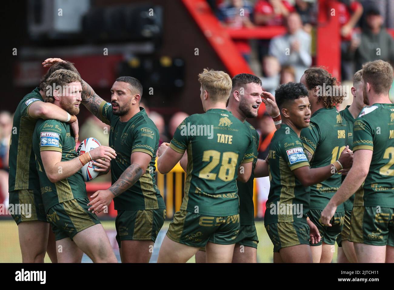 Ethan Ryan #23 of Hull KR celebrates his first try of the match Stock ...