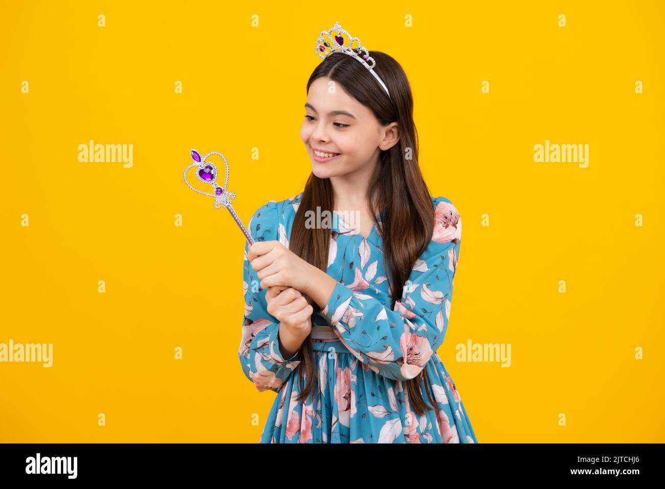 Teenage girl kid princess on yellow background. Romantic wonderland ...