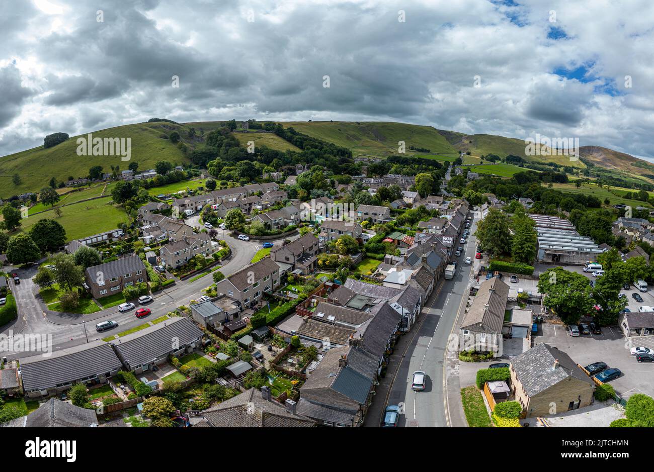 Wide angle view over the village of Castleton in the Peak District ...