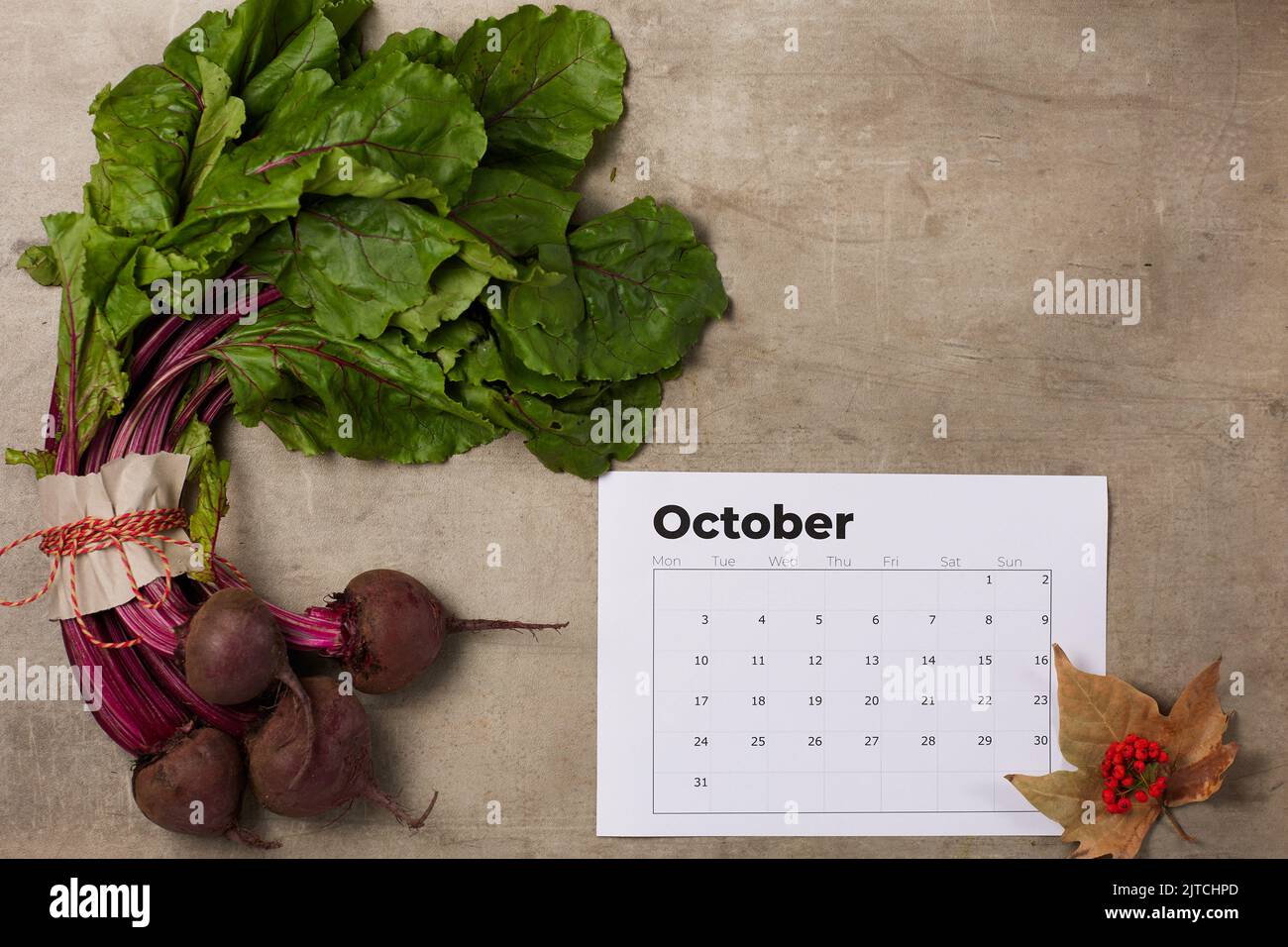 autumn flat lay with October calendar and beetroot Stock Photo - Alamy