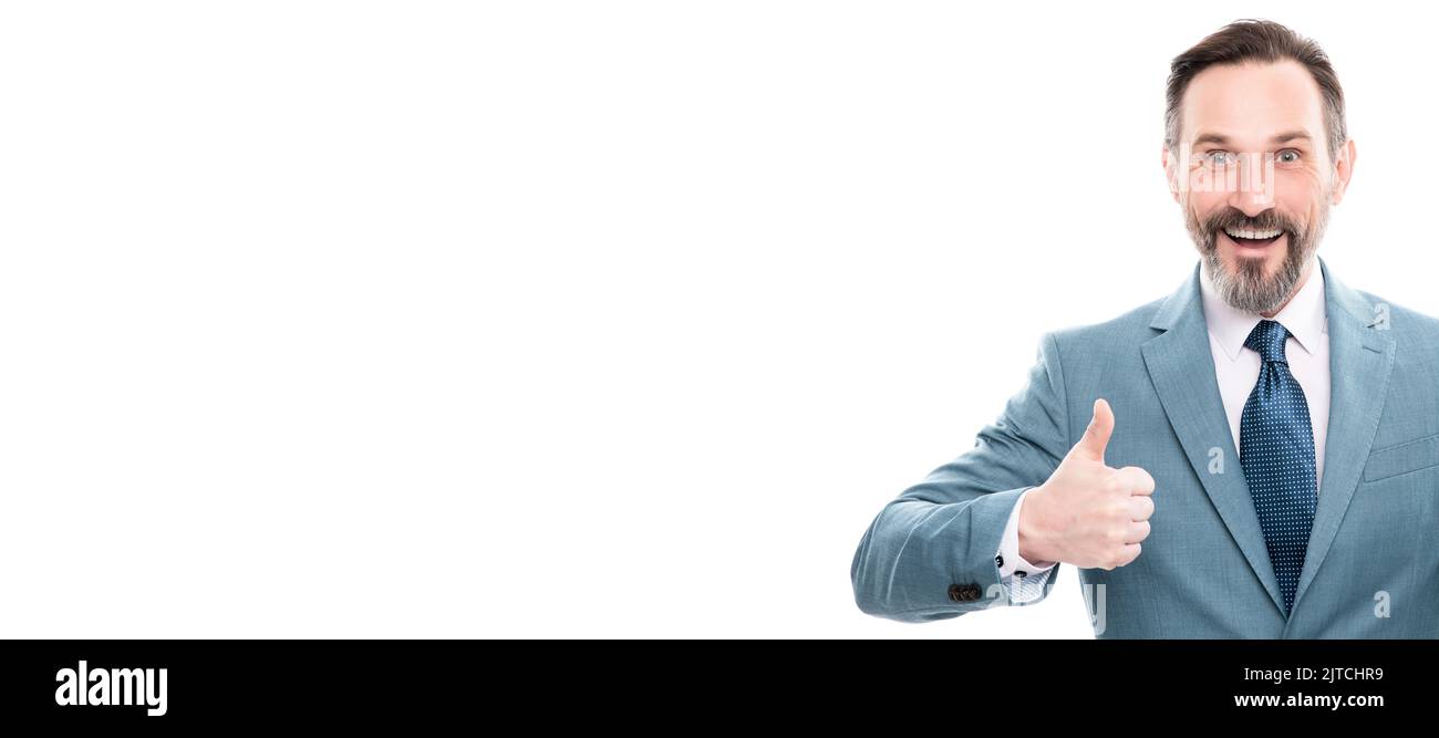Man face portrait, banner with copy space. happy businessman presenting ...