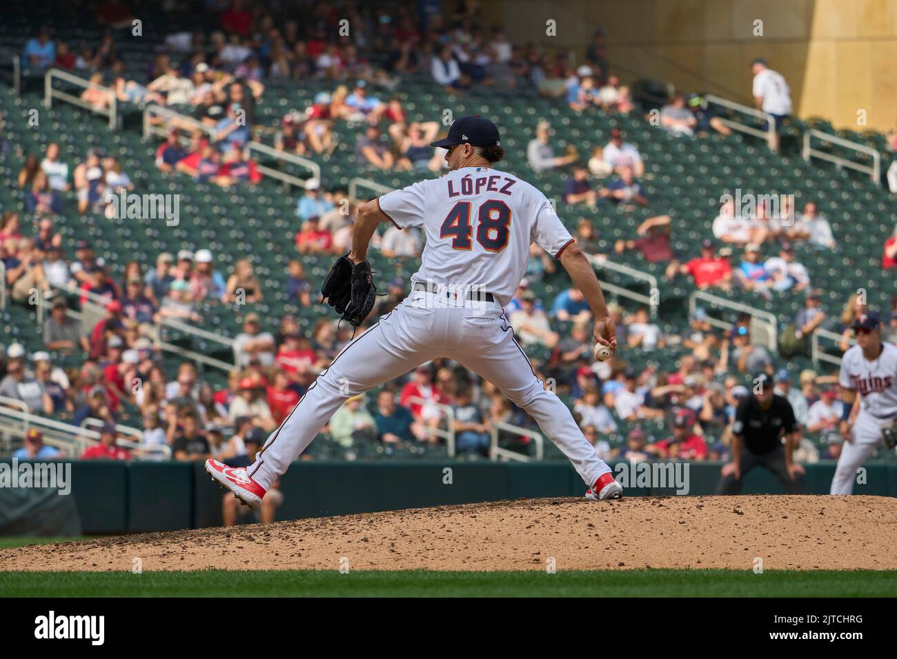 Minneapolis, US, August 28 2022: Minnesota pitcher Jorge Lopez (48 ...