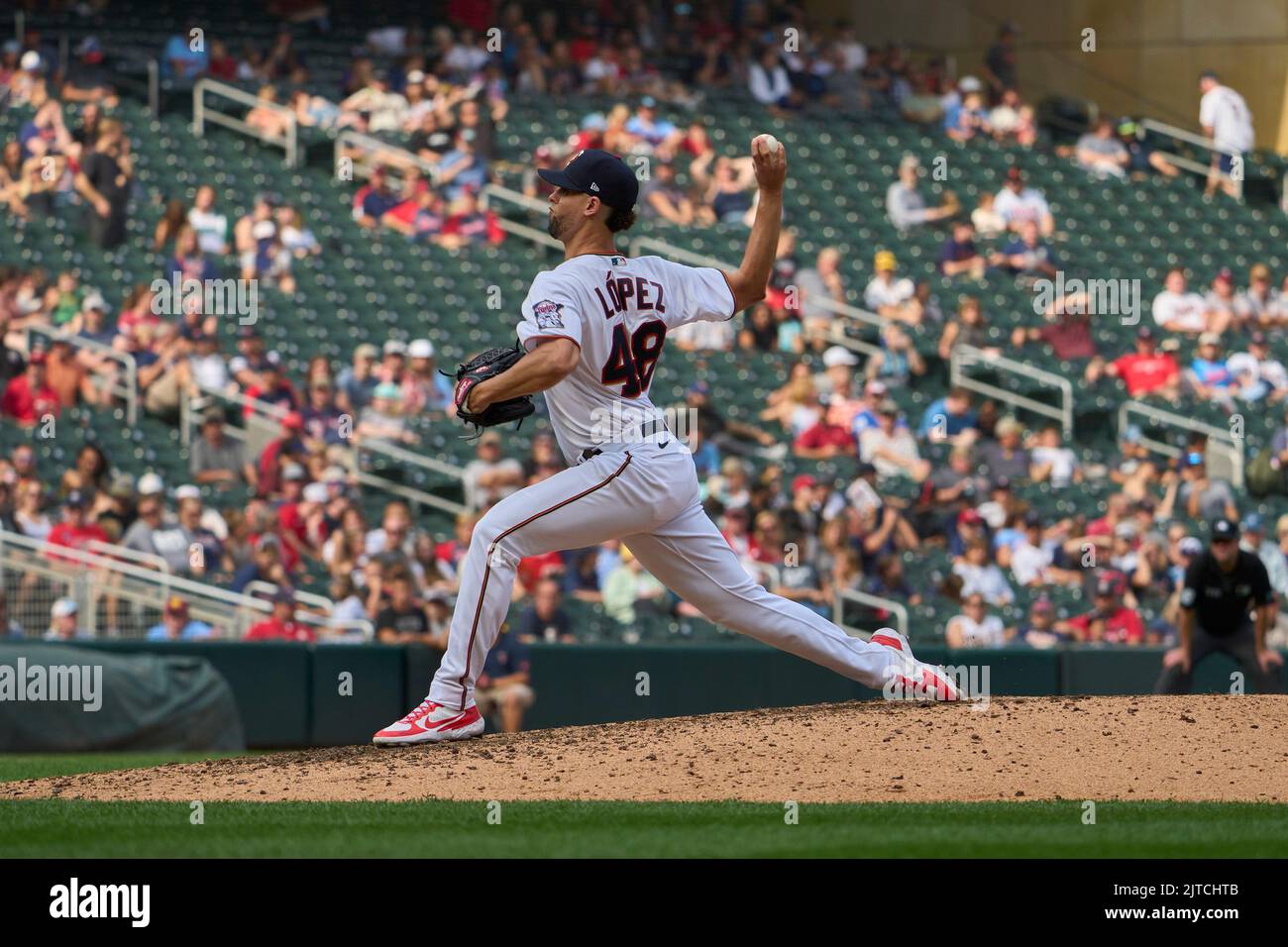Minneapolis, US, August 28 2022: Minnesota pitcher Jorge Lopez (48 ...