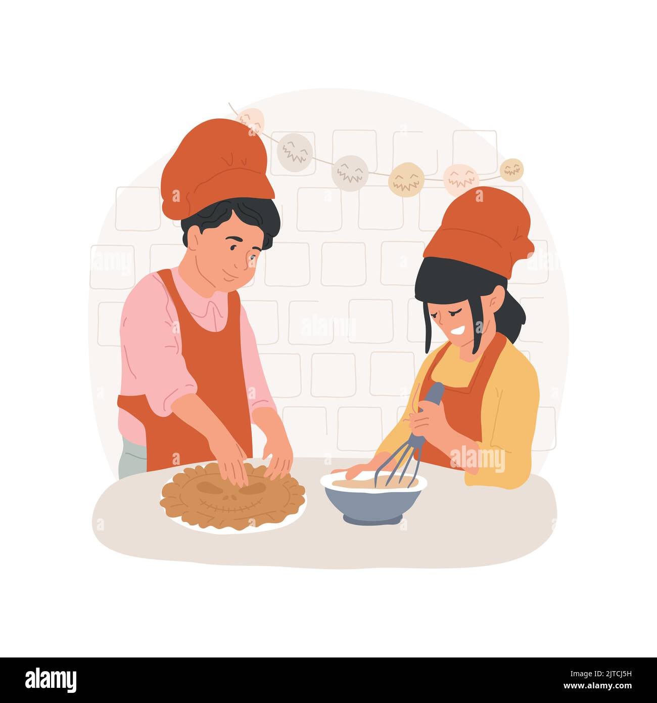 Pumpkin pie isolated cartoon vector illustration. Cheerful boy and girl ...