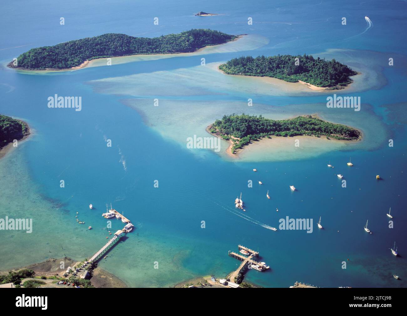 Aerial view of Shute Harbour and Whitsunday islands on the Queensland ...
