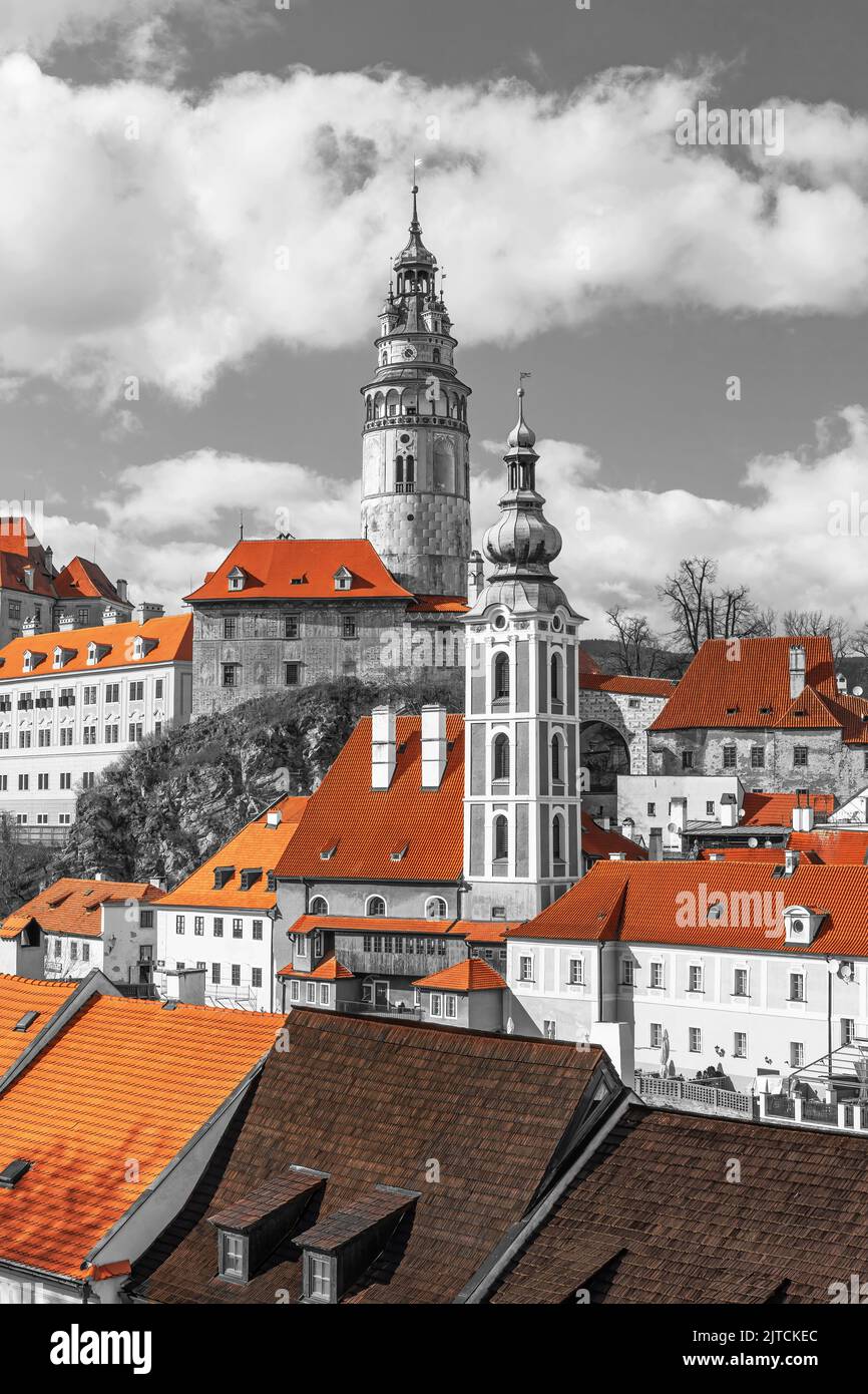 Black and white photo of church and castle in Cesky Krumlov, Czech ...