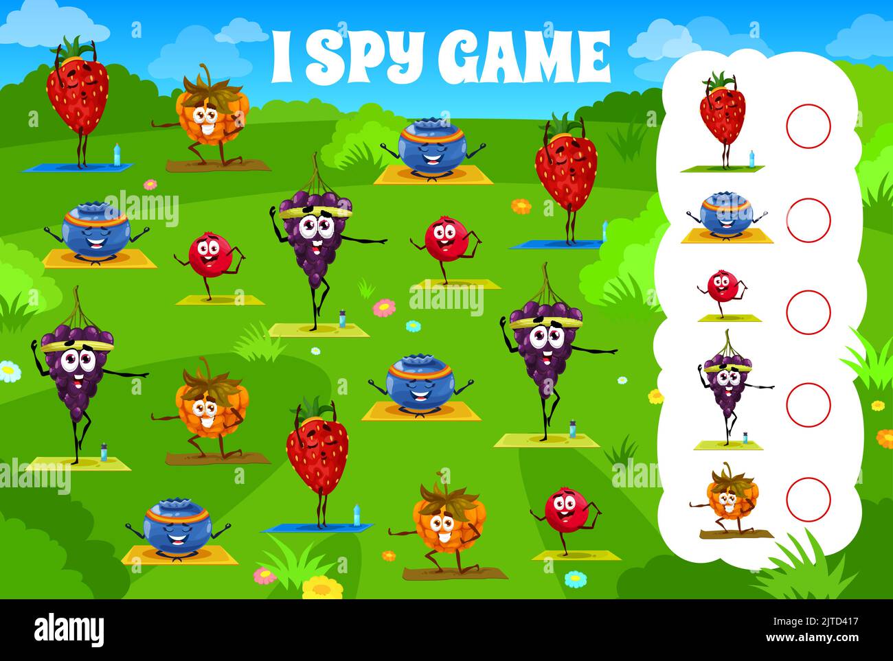 I spy game worksheet cartoon berry character on yoga fitness. Children ...