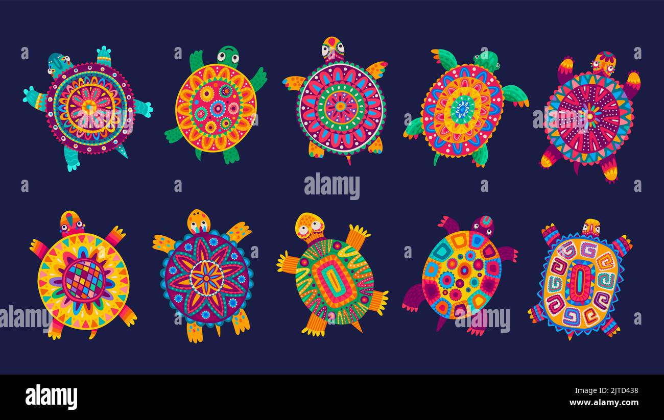 Bright mexican Mayan and Aztec turtle totems, tortoise animals with ...