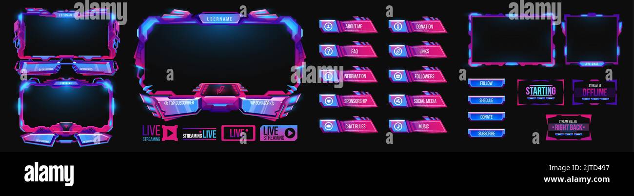 Overlay game stream interface, neon screen panel frames, vector live twitch UI buttons. Streamer ...