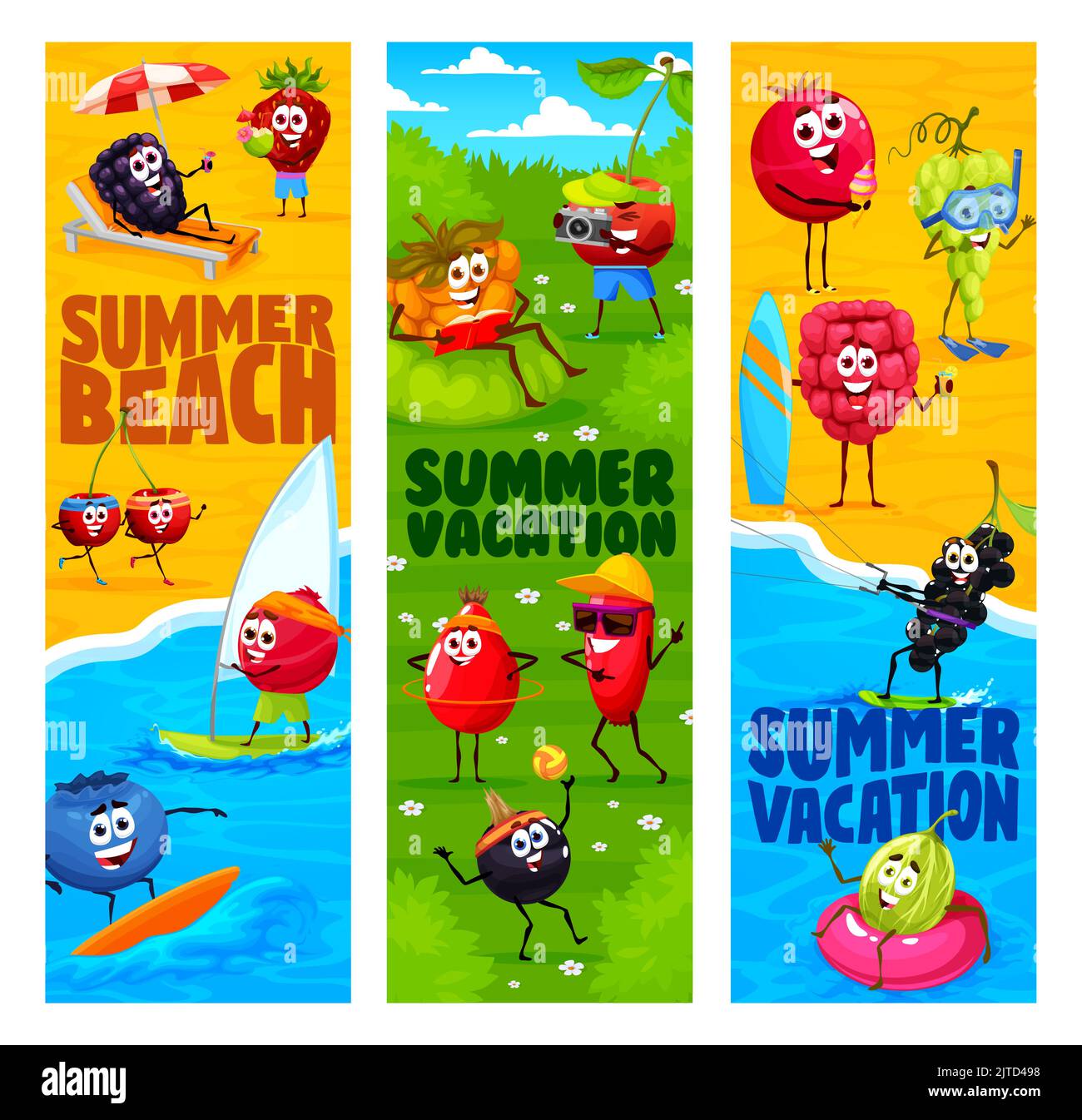 Cartoon berry characters on beach and meadow vacation. Blackberry ...
